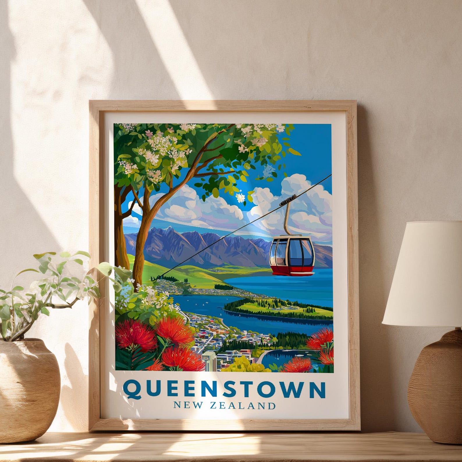 New Zealand Travel Poster: Queenstown, Lake Wakatipu, Scenic Mountains ...
