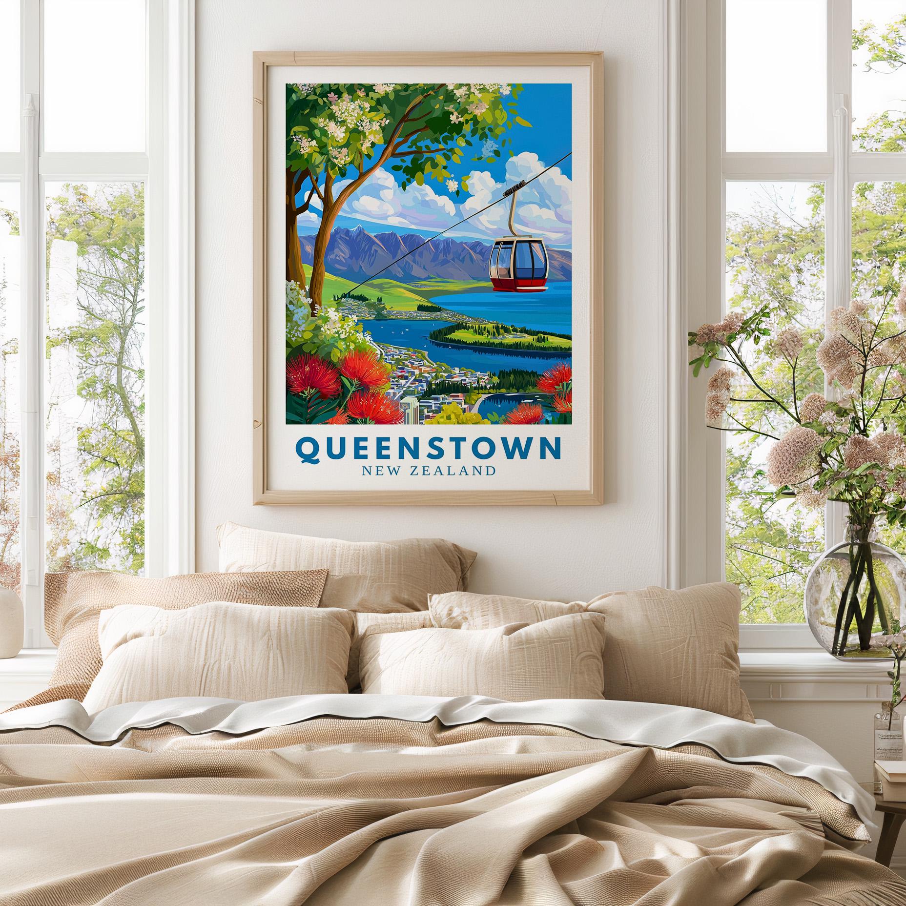 New Zealand Travel Poster: Queenstown, Lake Wakatipu, Scenic Mountains ...