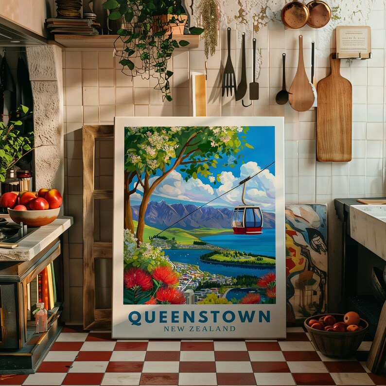 New Zealand Travel Poster: Queenstown, Lake Wakatipu, Scenic Mountains ...