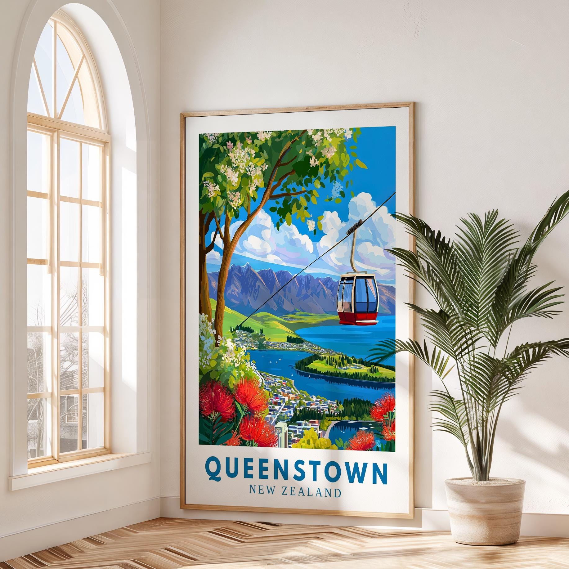 New Zealand Travel Poster: Queenstown, Lake Wakatipu, Scenic Mountains ...