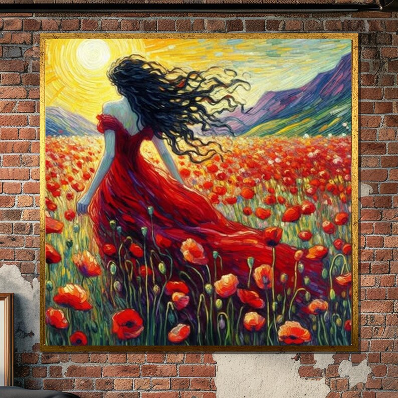 Lady in Red Dress Canvas, Poppy Field Wall Art, Vibrant Sunlit ...