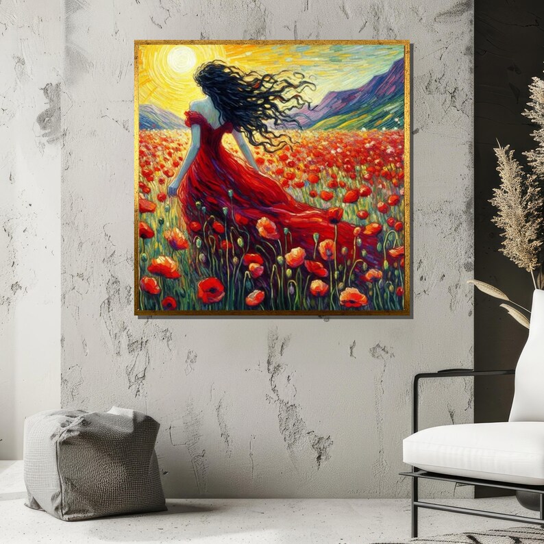 Lady in Red Dress Canvas, Poppy Field Wall Art, Vibrant Sunlit ...
