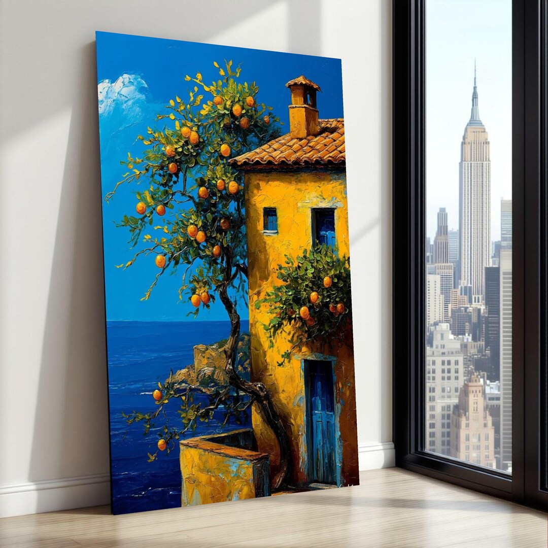 Mediterranean Seaside Canvas Art, Orange Tree, Coastal Home Decor - Etsy
