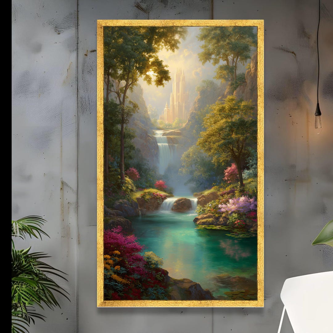 Waterfall Oasis Canvas, Fantasy Castle Landscape, Serene Nature Scene ...