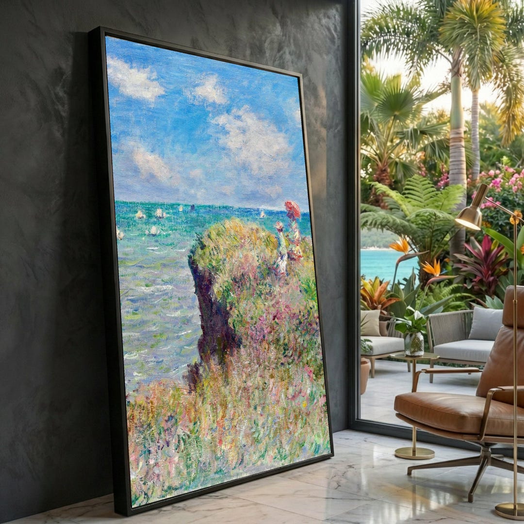 Monet Seaside Canvas, Impressionist Cliffside Floral Art, Ocean View - Etsy