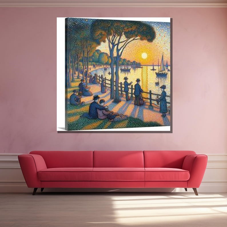Seurat Sunset Canvas: Pointillism French Impressionist Riverside Art - Etsy
