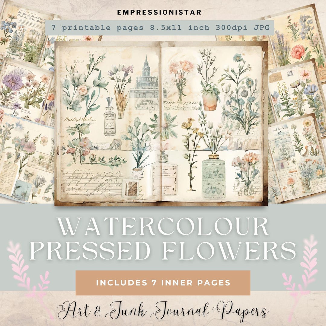 Pressed Flowers Watercolor Art Book Background Junk Journal Digital ...