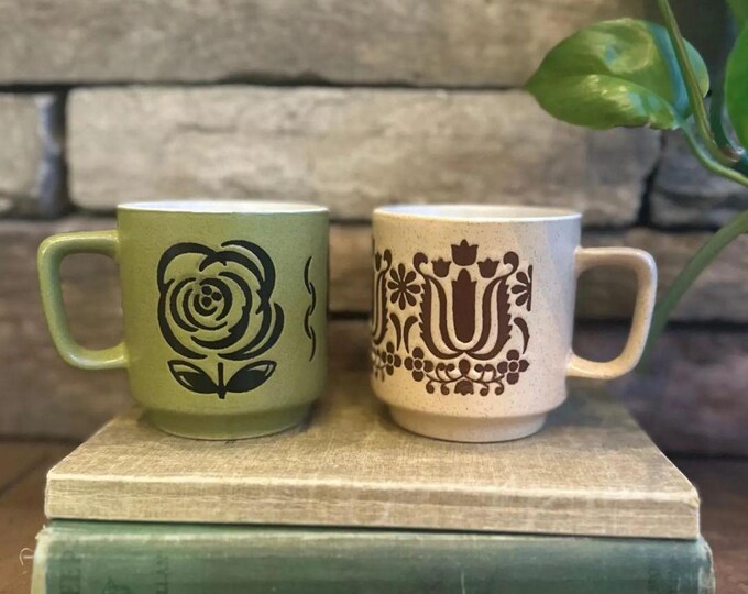 Vintage Mug 1970s Stoneware Stacking Mugs Retro Boho Design Coffee Mugs ...