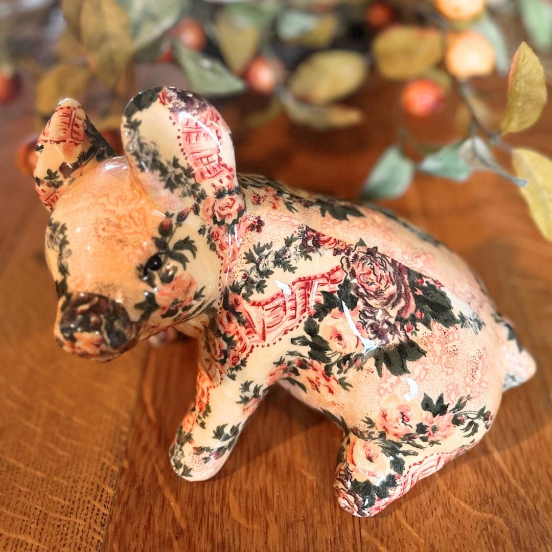 Vintage Pig Figurine Floral Decoupage Pattern Design Patchwork Pink ...