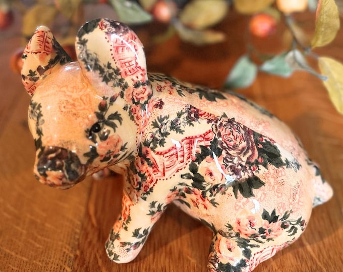 Vintage Pig Figurine Floral Decoupage Pattern Design Patchwork Pink ...