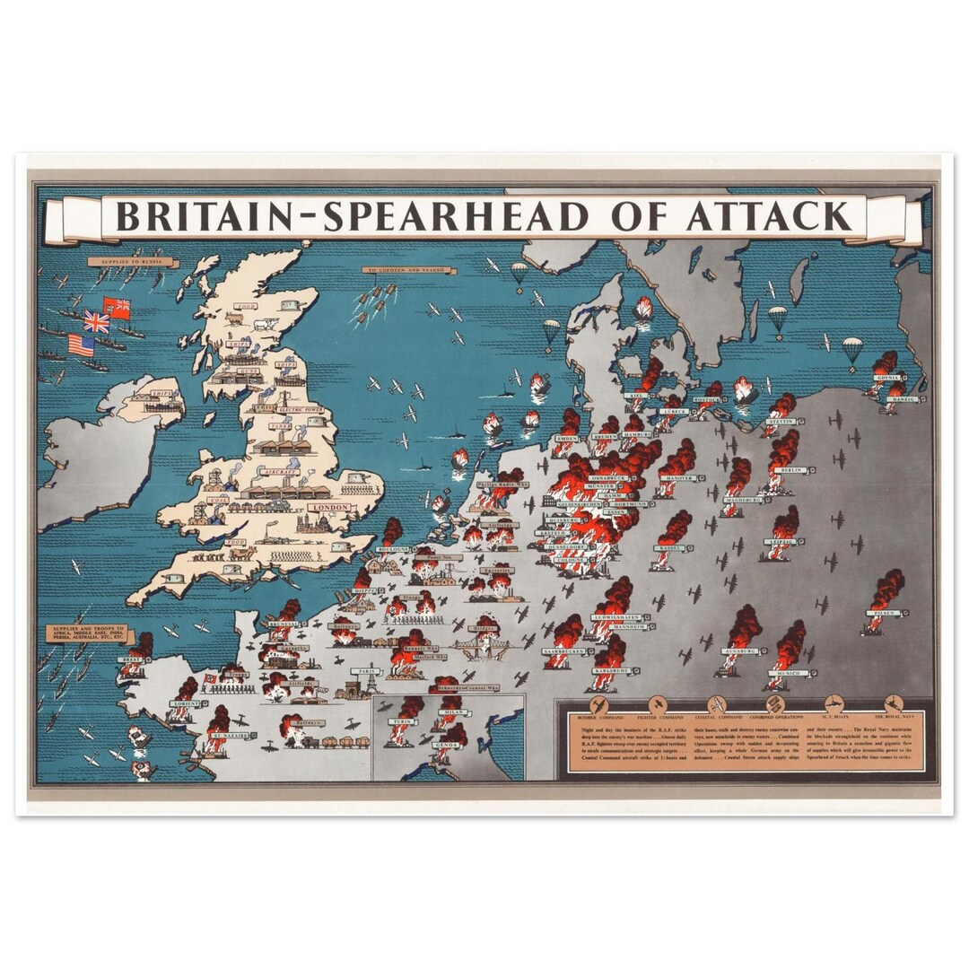 1944 Great Britain WW2 Map - World War II Pictorial Map - England War ...