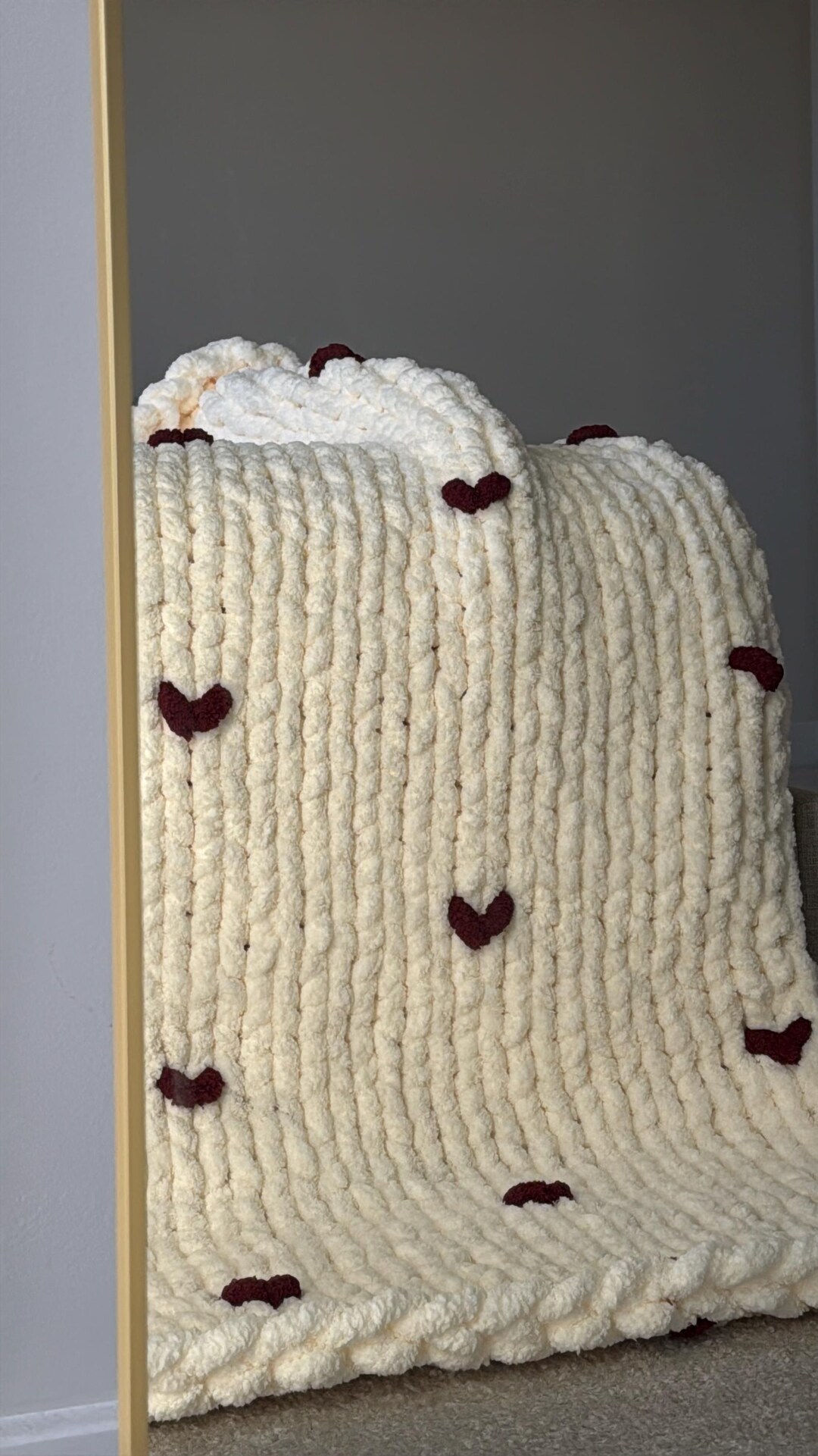 Cream Chunky Knit Throw Blanket With Hearts - Handmade Soft Chenille ...