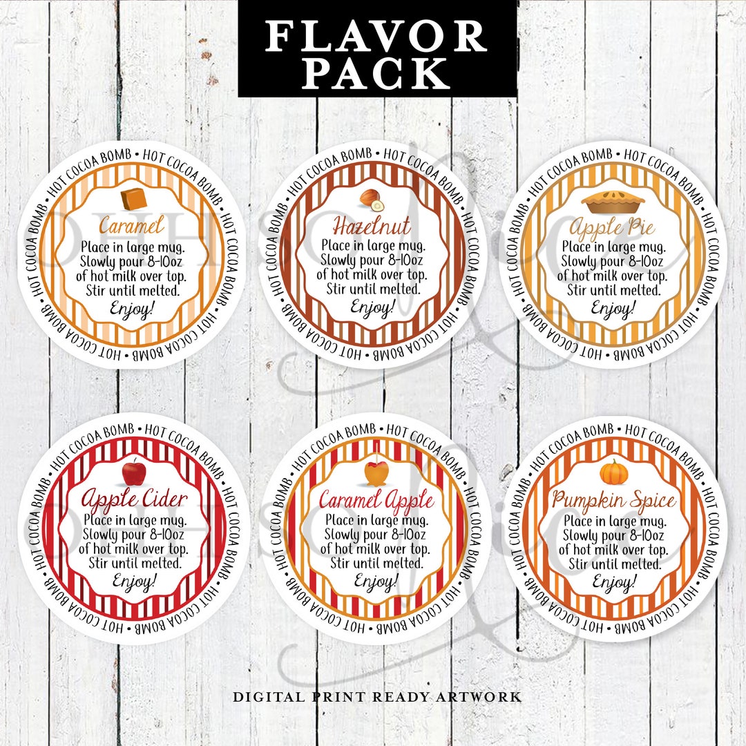 Fall 6 Flavor Pack - 3 Sizes: Hot Chocolate Cocoa Bomb Tag W ...
