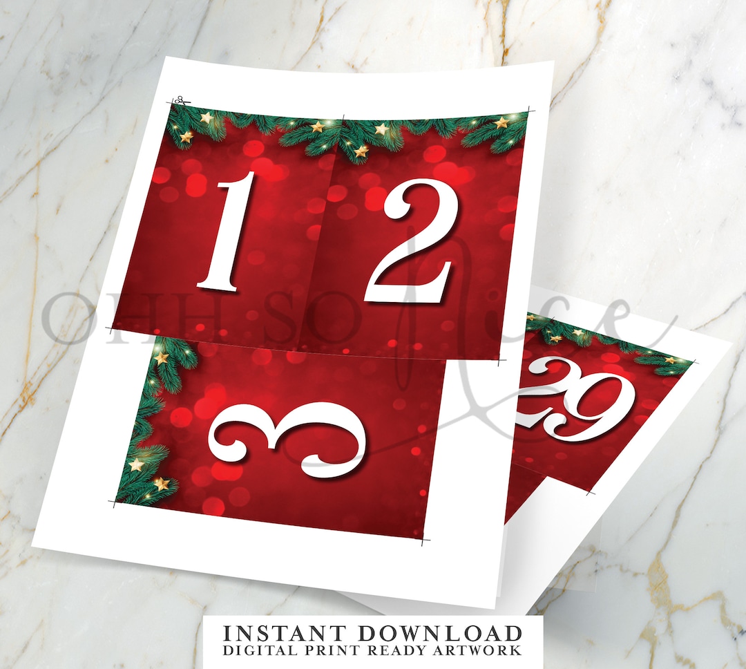4"x6": 1-42 Table Numbers | Holiday Party Theme | Red and Pine Branches ...
