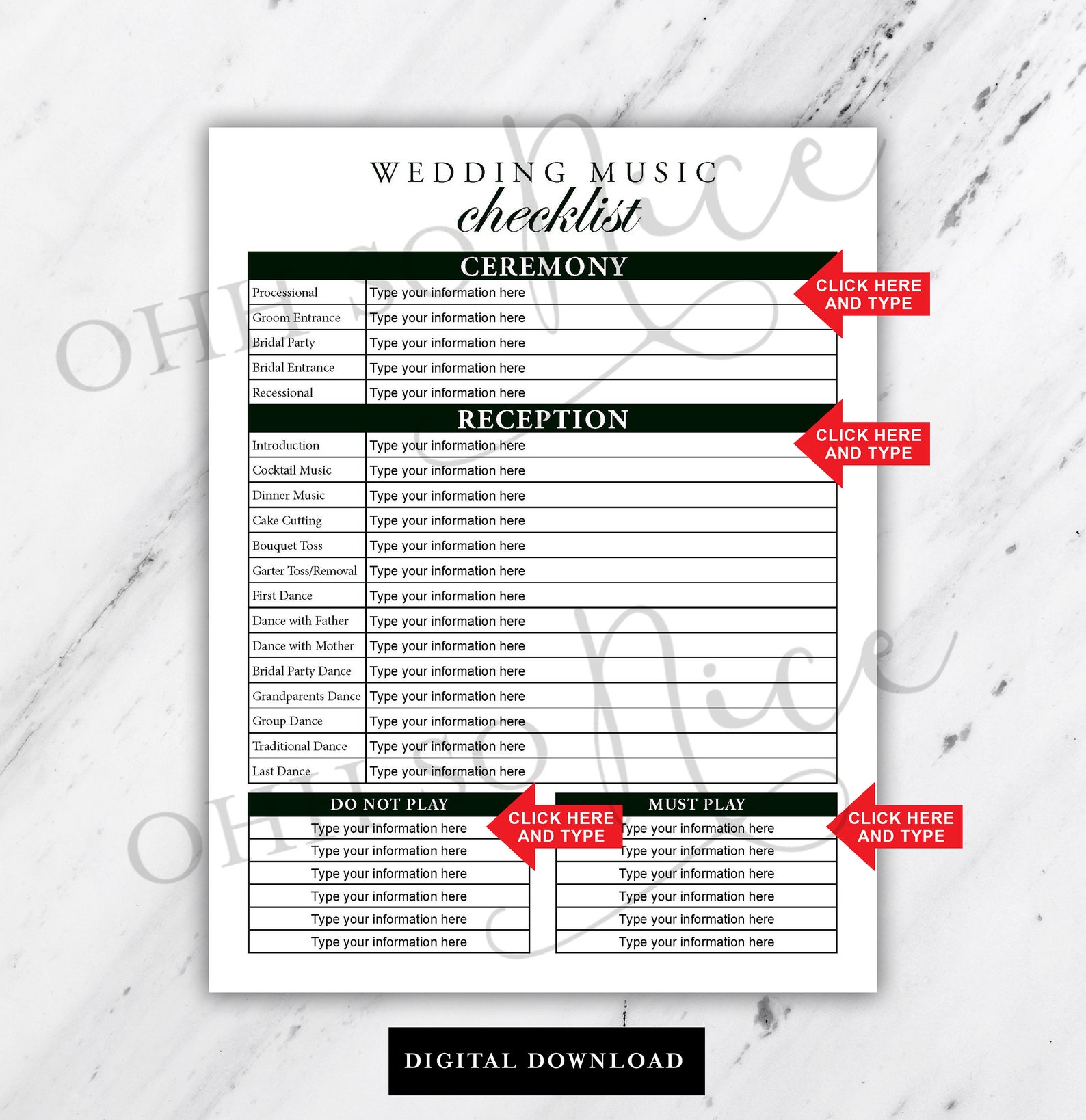 Printable and Fillable Wedding Music List for Ceremony and Reception or ...