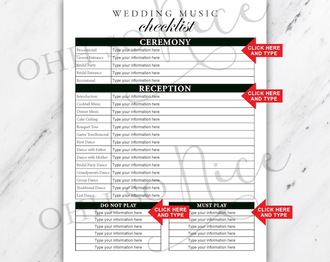 Printable and Fillable Wedding Music List for Ceremony and Reception or ...