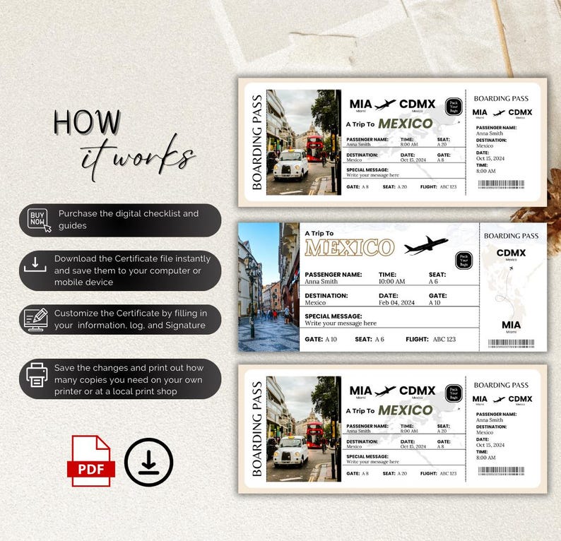 Mexico Boarding Pass Ticket Template | Editable Travel Ticket Design ...