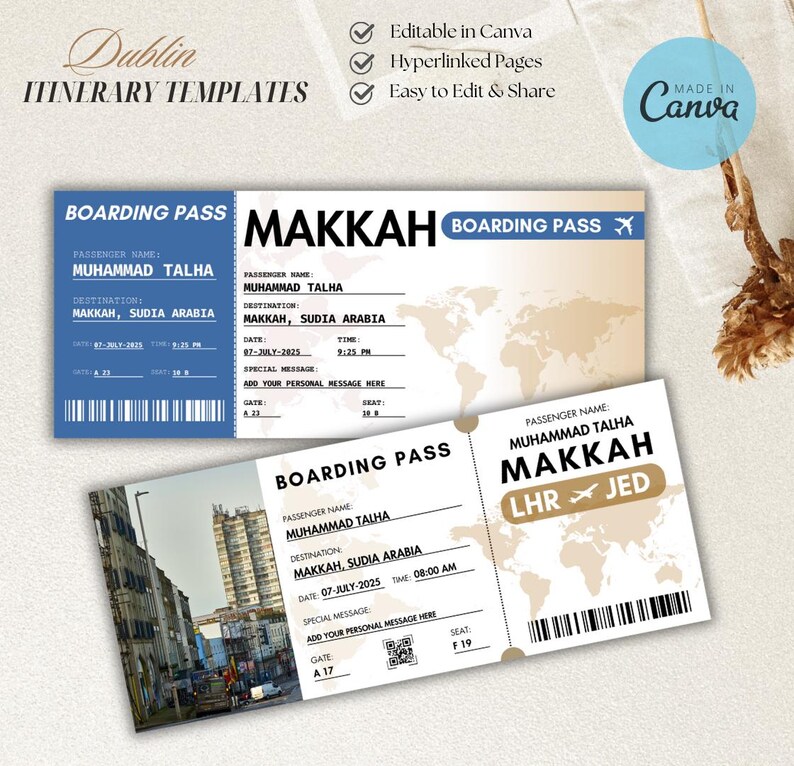 Makkah Boarding Pass Template, Umrah Trip Ticket, Editable Canva Travel ...