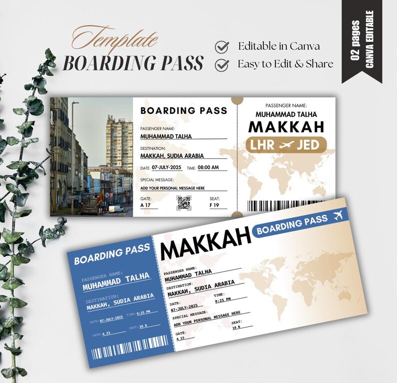 Makkah Boarding Pass Template, Umrah Trip Ticket, Editable Canva Travel ...