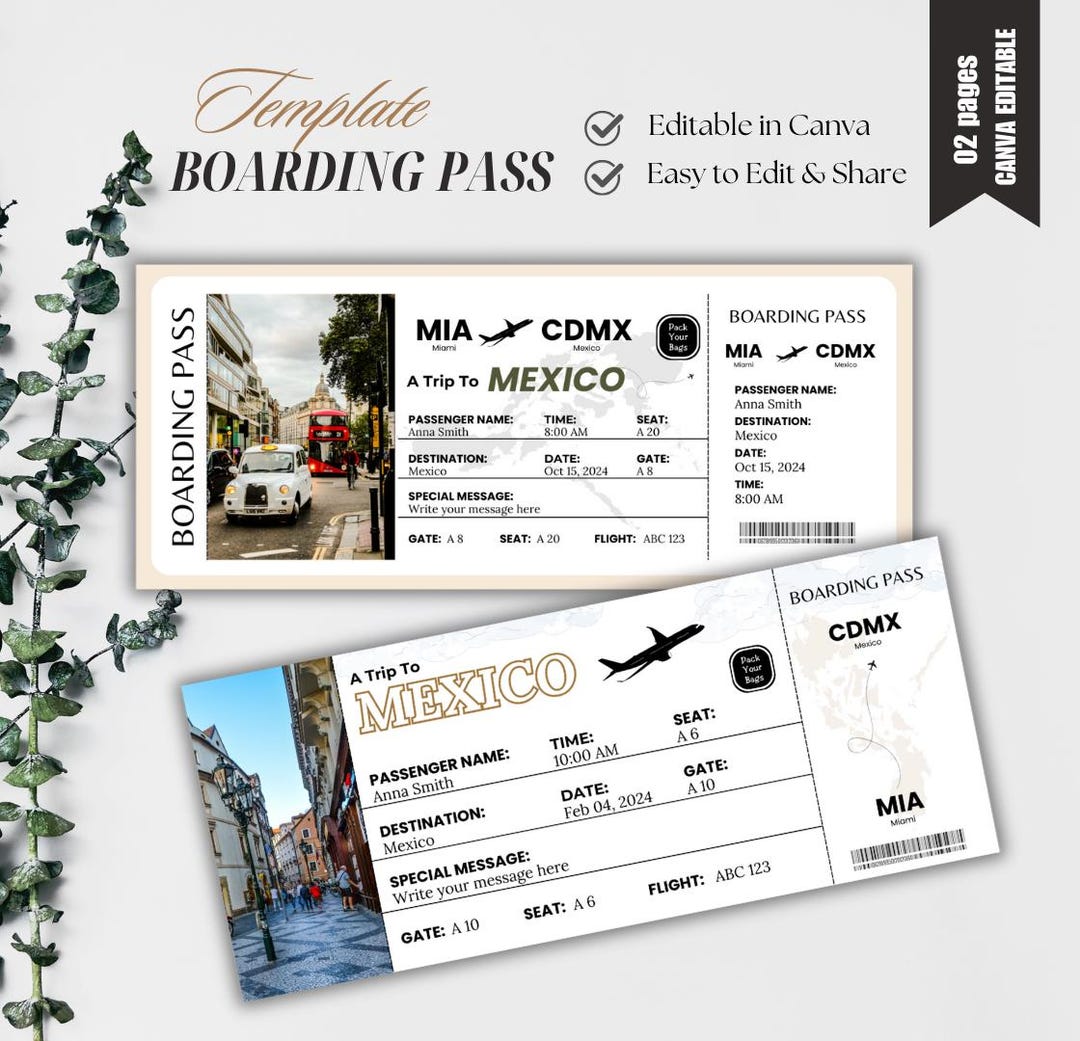 Mexico Boarding Pass Ticket Template | Editable Travel Ticket Design ...