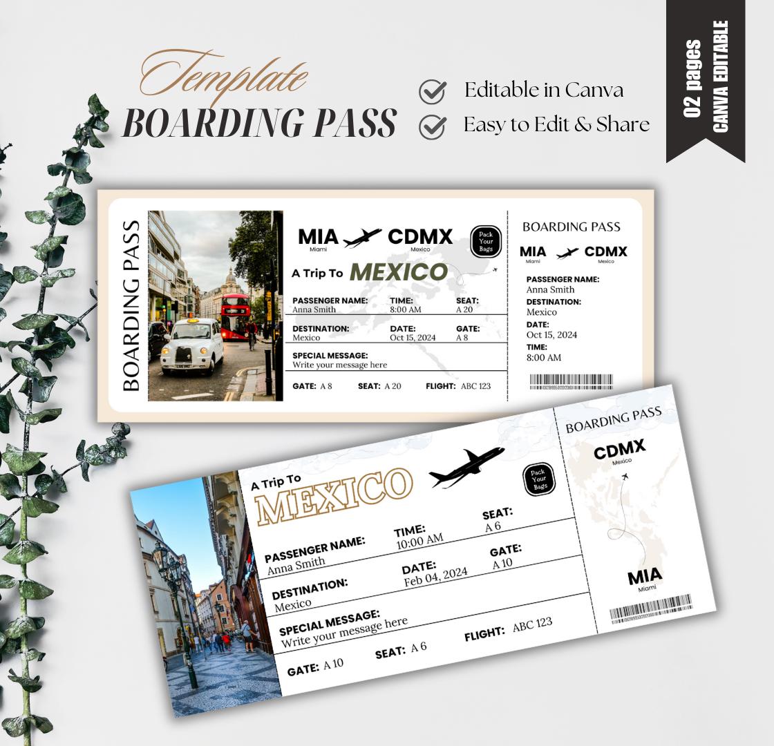 Mexico Boarding Pass Template, Travel Ticket Invitation, Editable Canva ...