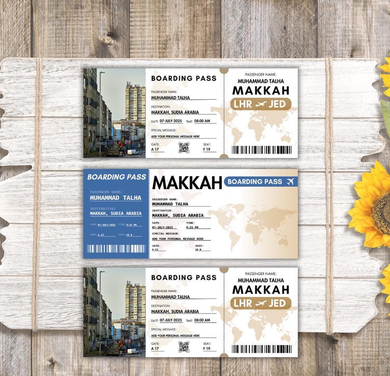 Makkah Boarding Pass Template, Umrah Trip Ticket, Editable Canva Travel ...