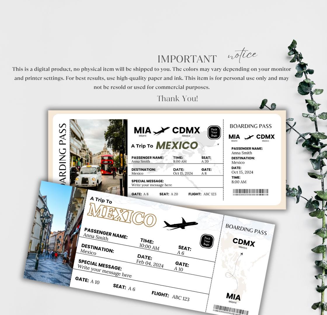 Mexico Boarding Pass Template, Travel Ticket Invitation, Editable Canva ...
