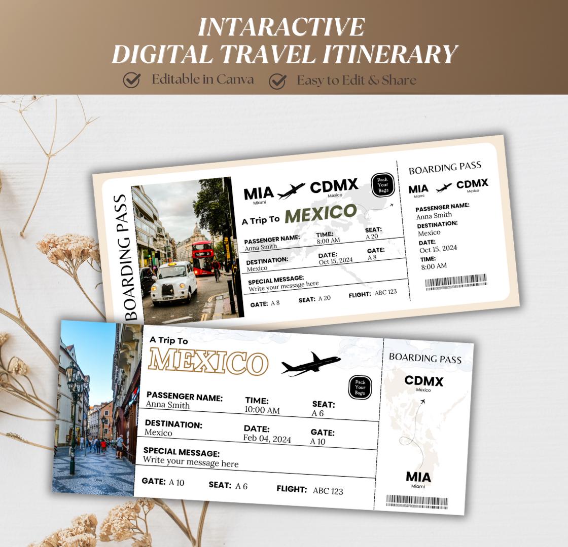 Mexico Boarding Pass Ticket Template | Editable Travel Ticket Design ...