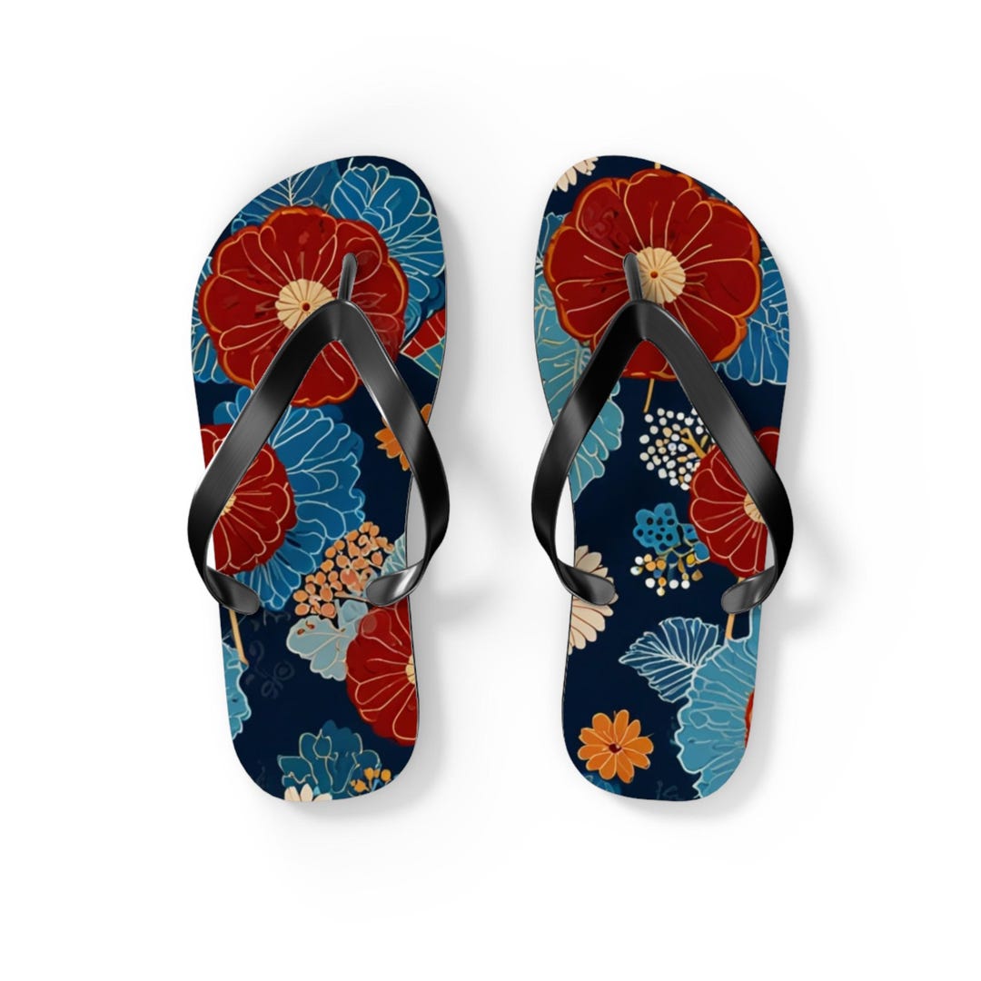 Kimono Designed Flip Flops, Floral Japanese Sandals, Beachwear Thong ...