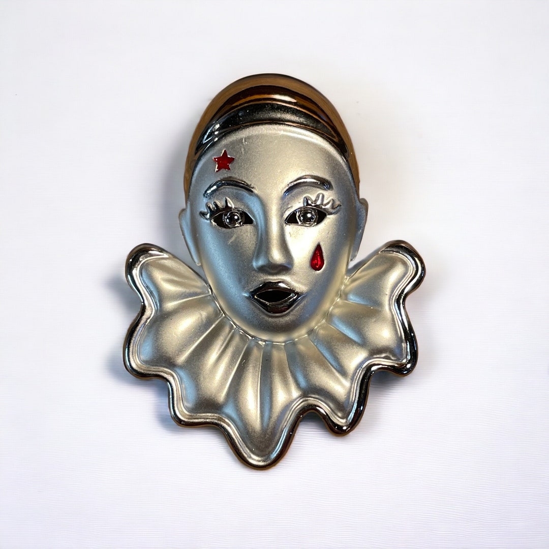 80s Vintage Pierrot Brooch Crying Sad Clown Pin Large Silver Tone ...