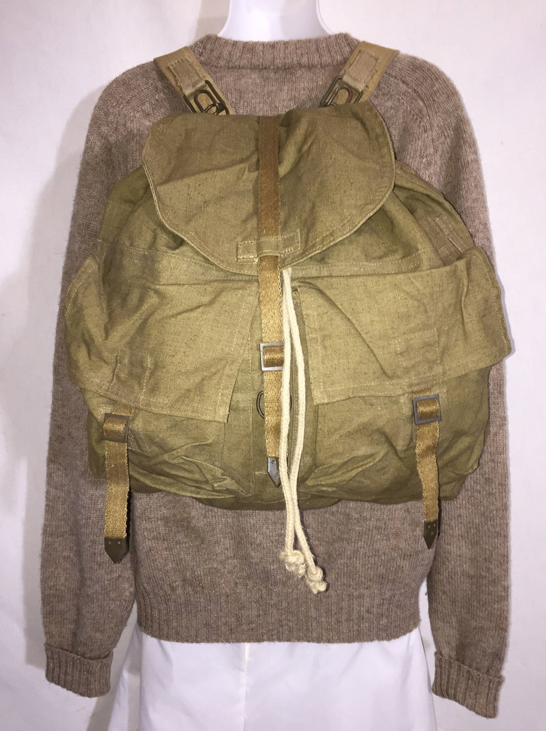 Vintage Military Rucksack Canvas Backpack Vegan Backpack Drawstring ...