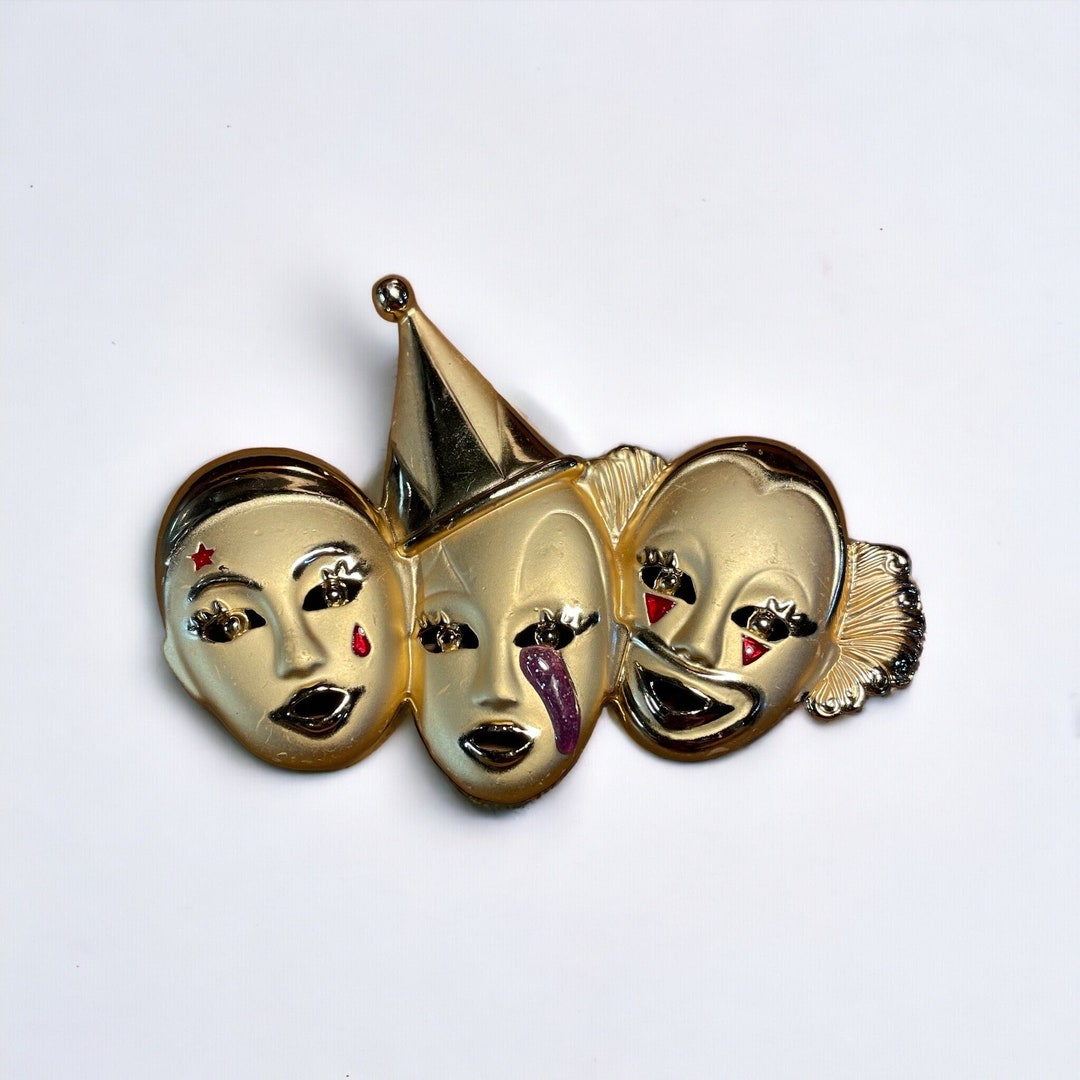 80s Vintage Sad Clown Brooch Large Gold Tone Harlequin Columbine Pierrot Pin Theater Jewelry - Etsy