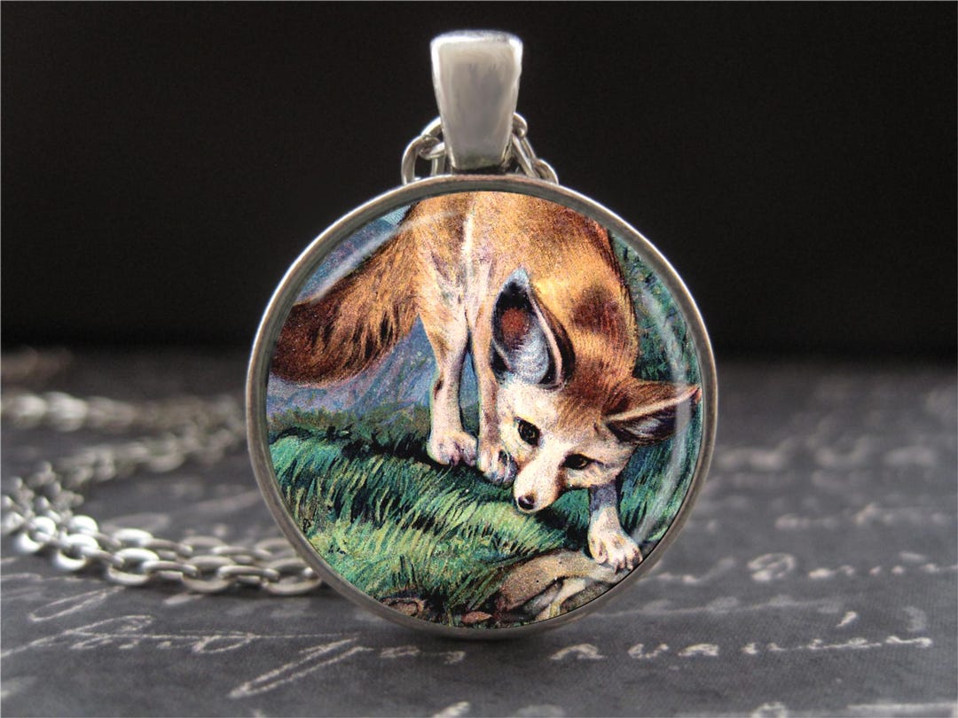 Fennec Fox Necklace Vintage Naturalist Art Pendant Round Glass Silver ...