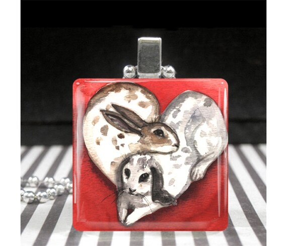 Bunny Rabbit Necklace Red Heart Bunnies Glass Tile Charm | Etsy