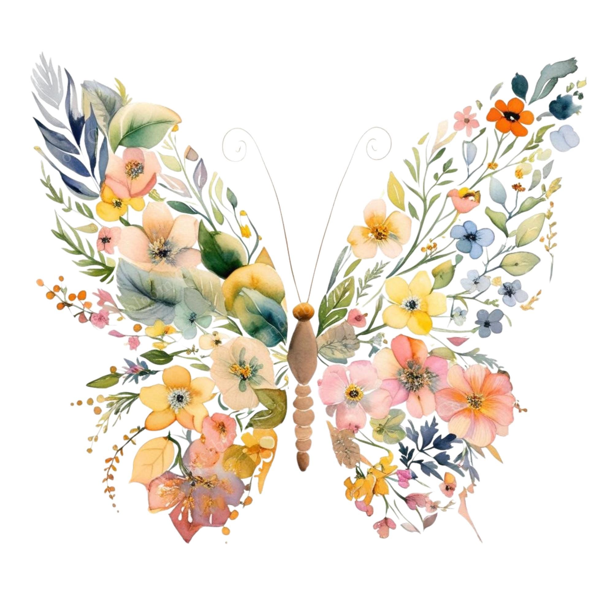 10 Boho Butterfly Clipart, Watercolor Floral PNG, Digital Download for ...