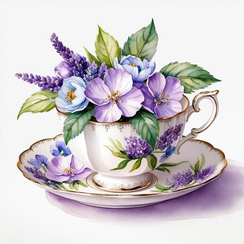 12 Watercolor Tea Cup Clipart, Printable Floral PNG, Digital Download ...