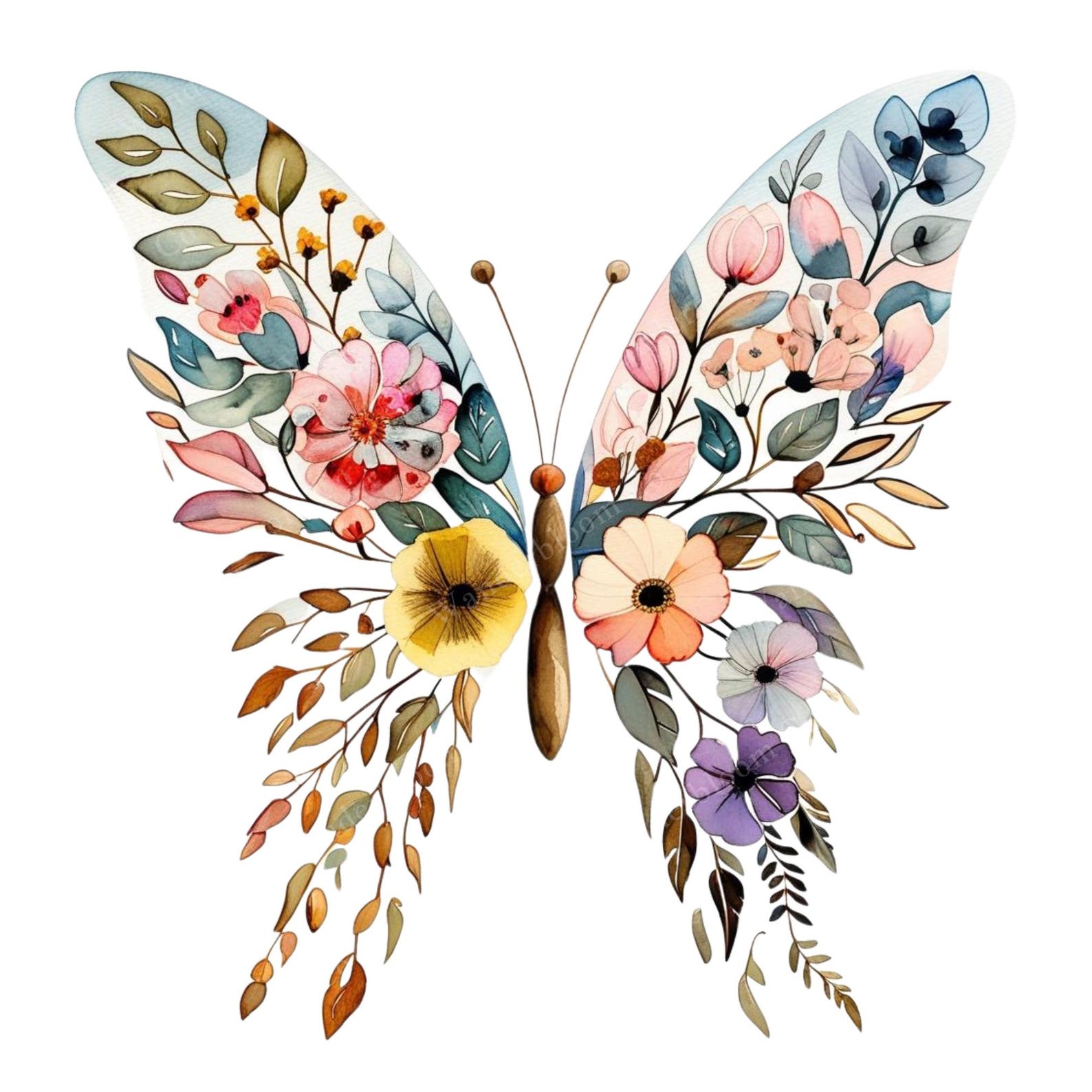 10 Boho Butterfly Clipart, Watercolor Floral PNG, Digital Download for ...