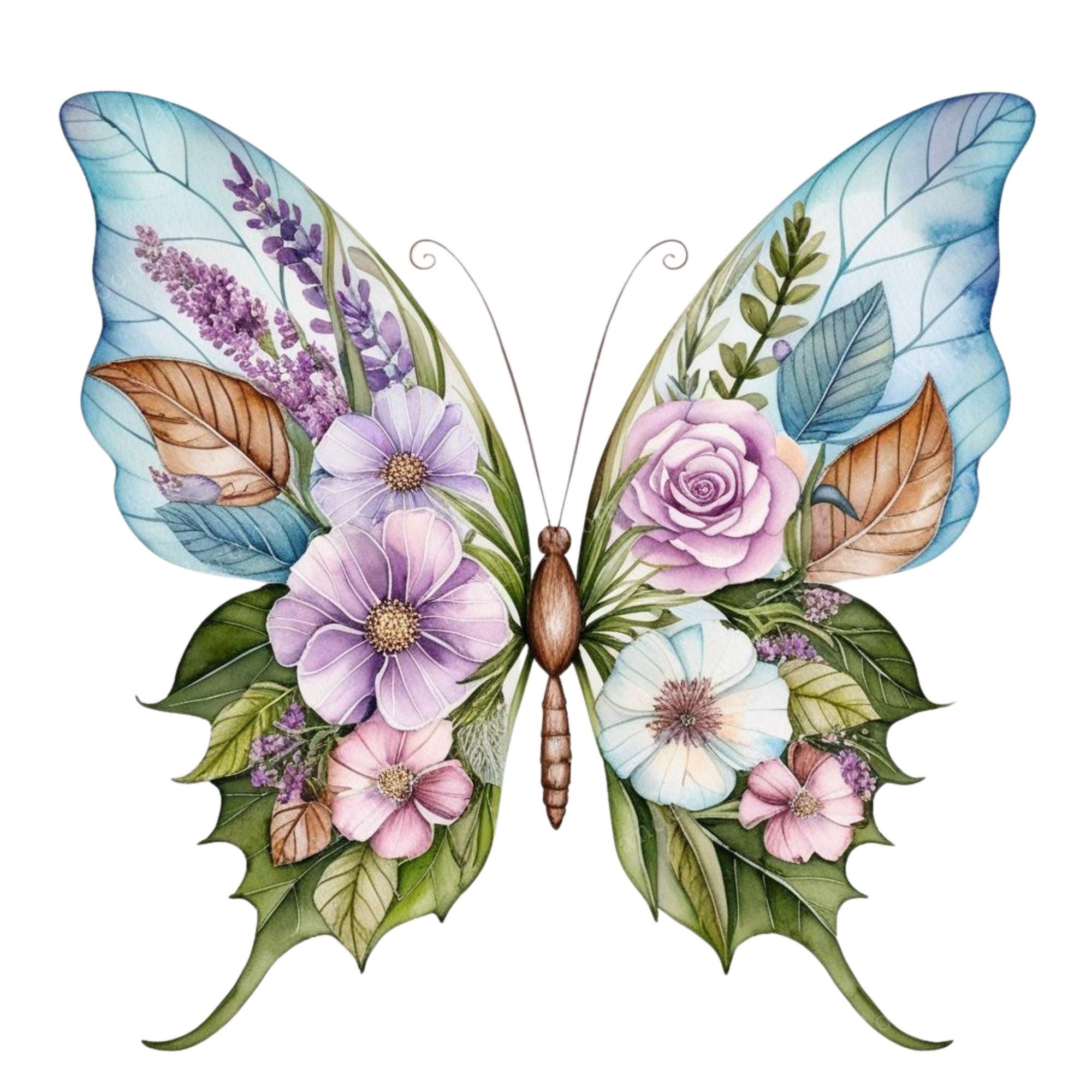 10 Boho Butterfly Clipart, Watercolor Floral PNG, Digital Download for ...