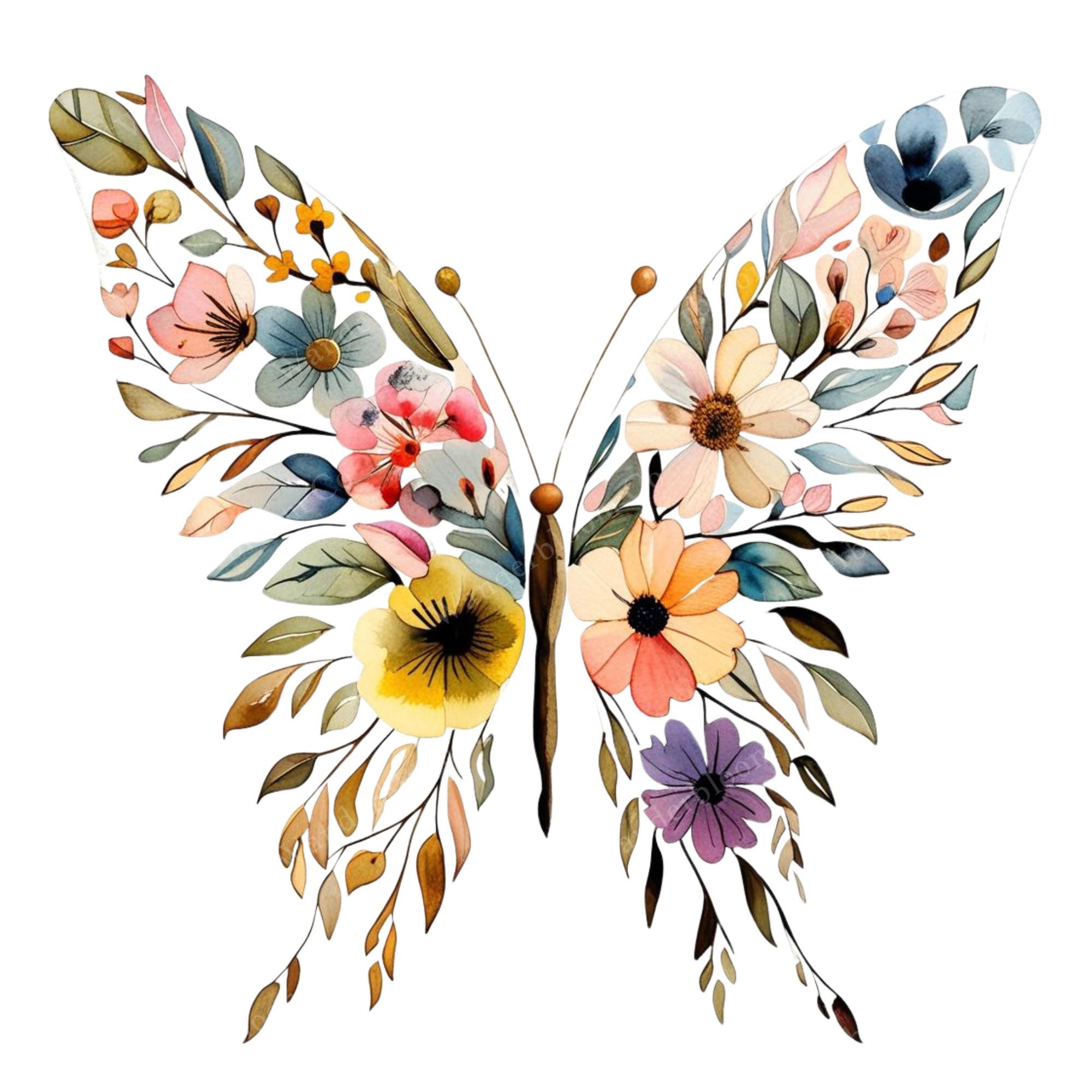 10 Boho Butterfly Clipart, Watercolor Floral PNG, Digital Download for ...