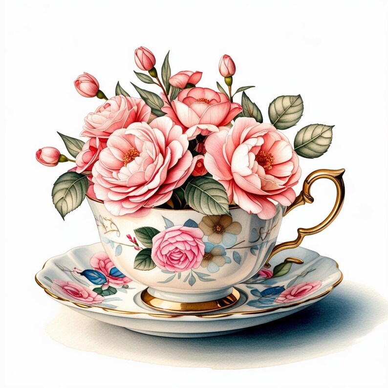 12 Watercolor Tea Cup Clipart, Printable Floral PNG, Digital Download ...