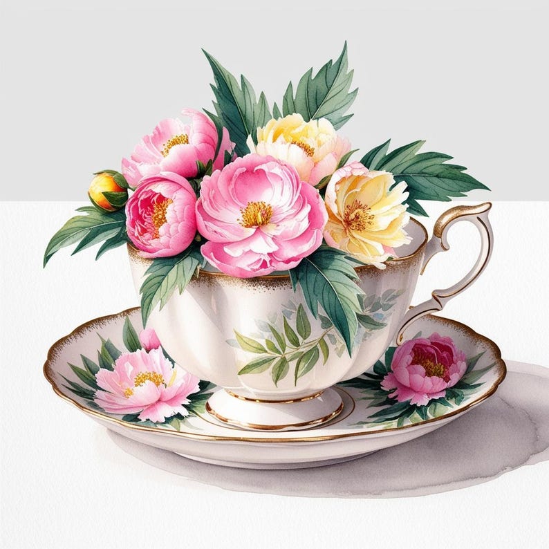 12 Watercolor Tea Cup Clipart, Printable Floral PNG, Digital Download ...