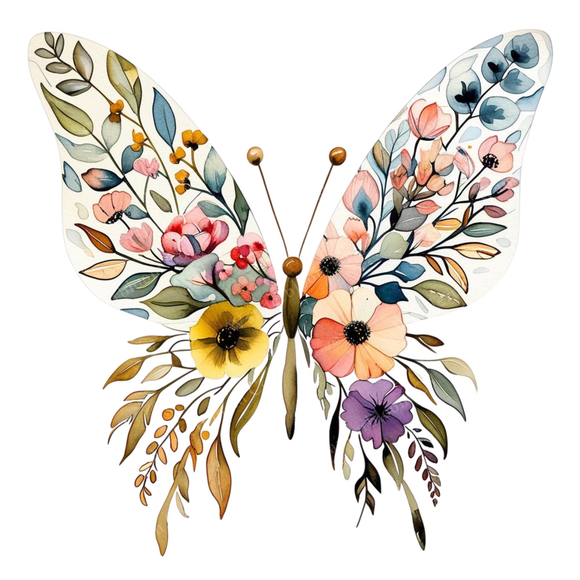 10 Boho Butterfly Clipart, Watercolor Floral PNG, Digital Download for ...