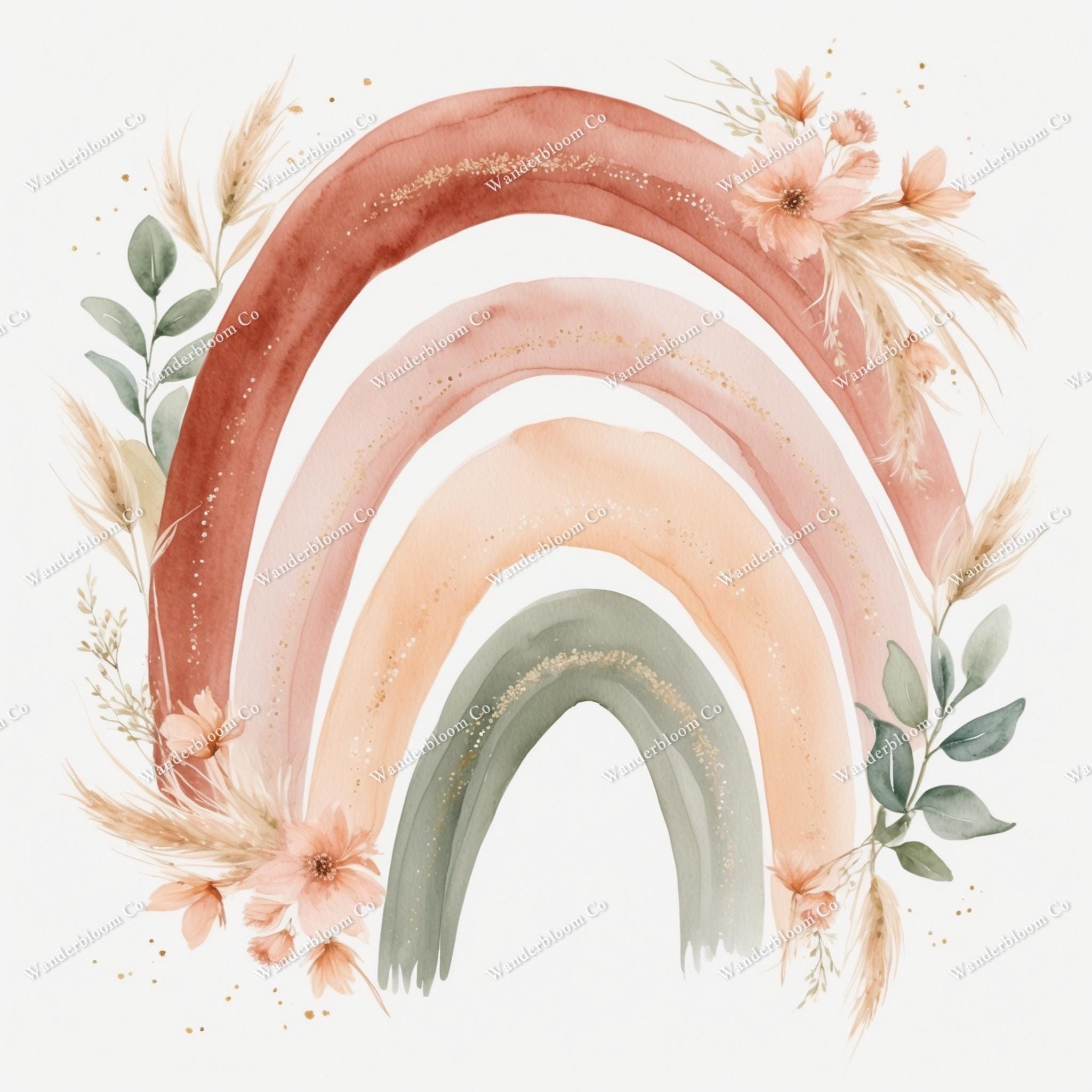 10 Boho Flowers and Rainbow Clipart, Watercolor Floral Flowers, Digital ...