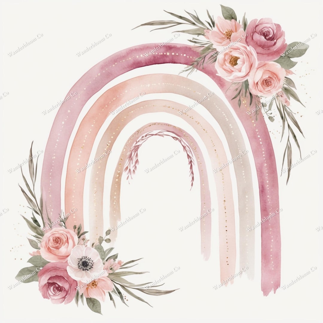 10 Boho Flowers and Rainbow Clipart, Watercolor Floral Flowers, Digital ...