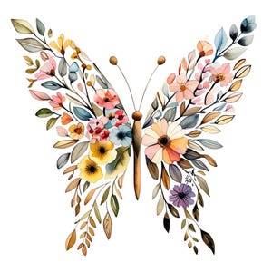10 Boho Butterfly Clipart, Watercolor Floral PNG, Digital Download for ...