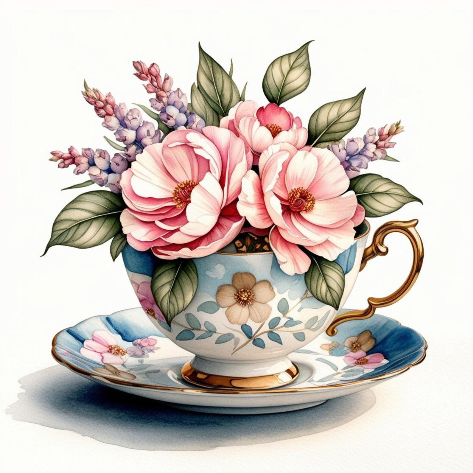 12 Watercolor Tea Cup Clipart, Printable Floral PNG, Digital Download ...