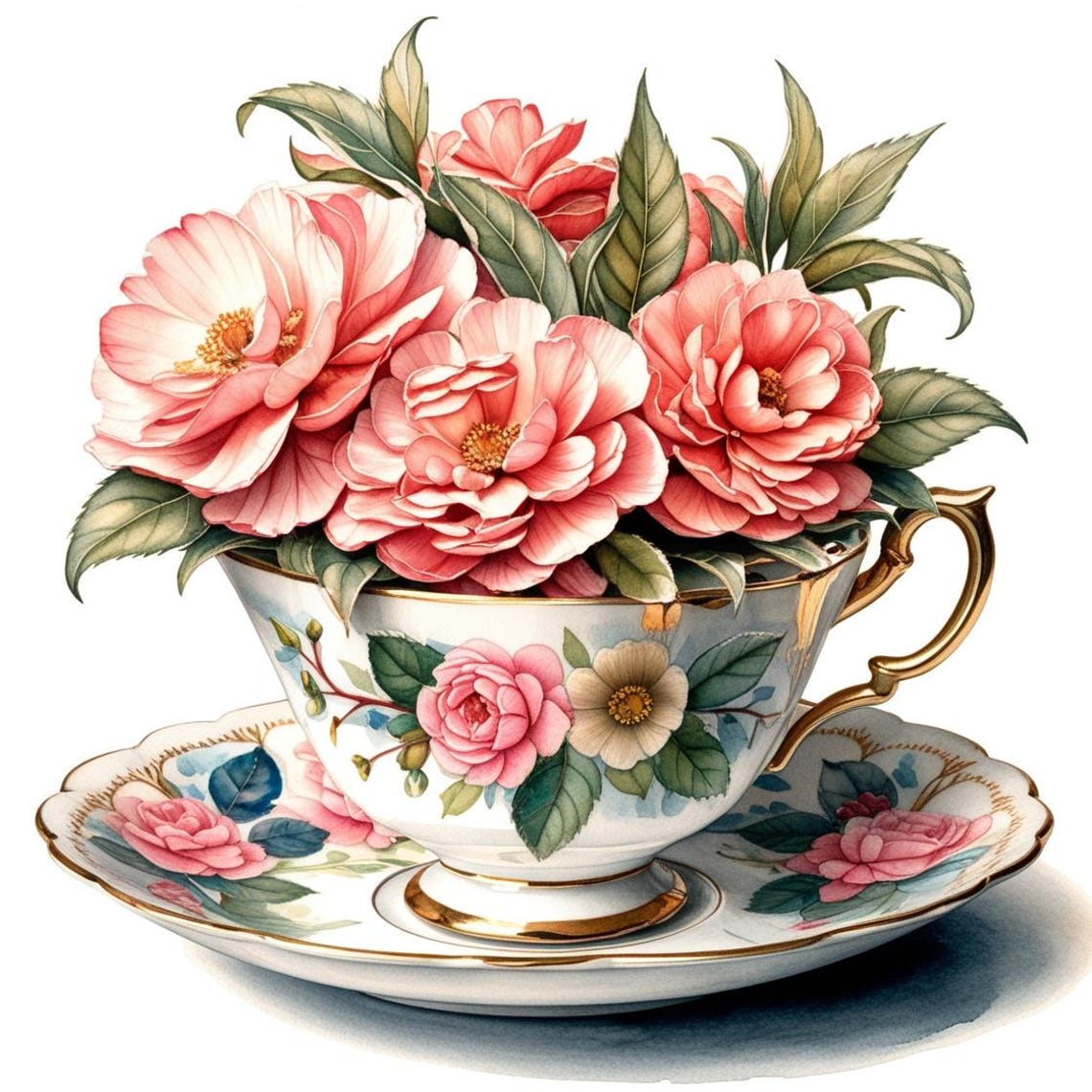 12 Watercolor Tea Cup Clipart, Printable Floral PNG, Digital Download ...