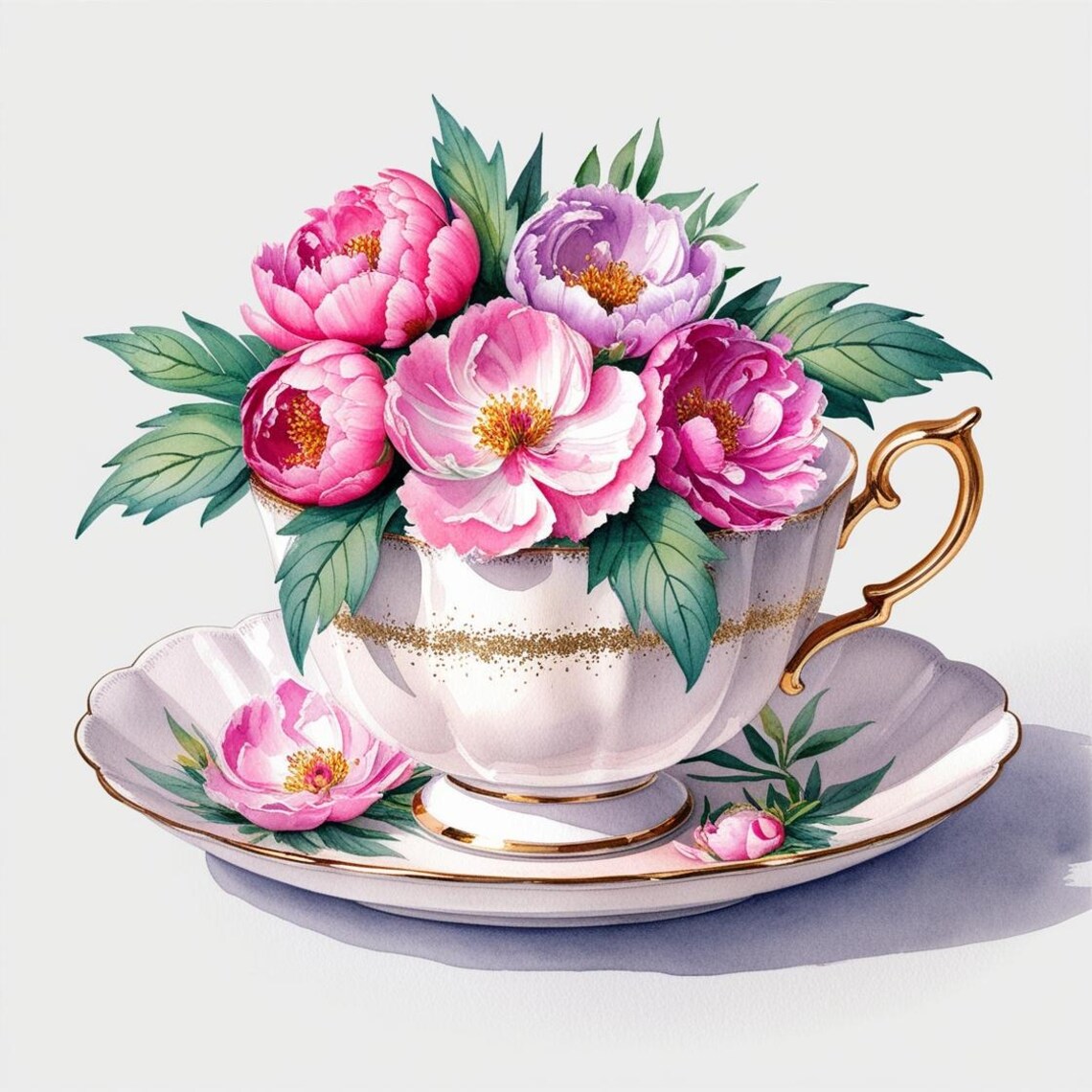 12 Watercolor Tea Cup Clipart, Printable Floral PNG, Digital Download ...