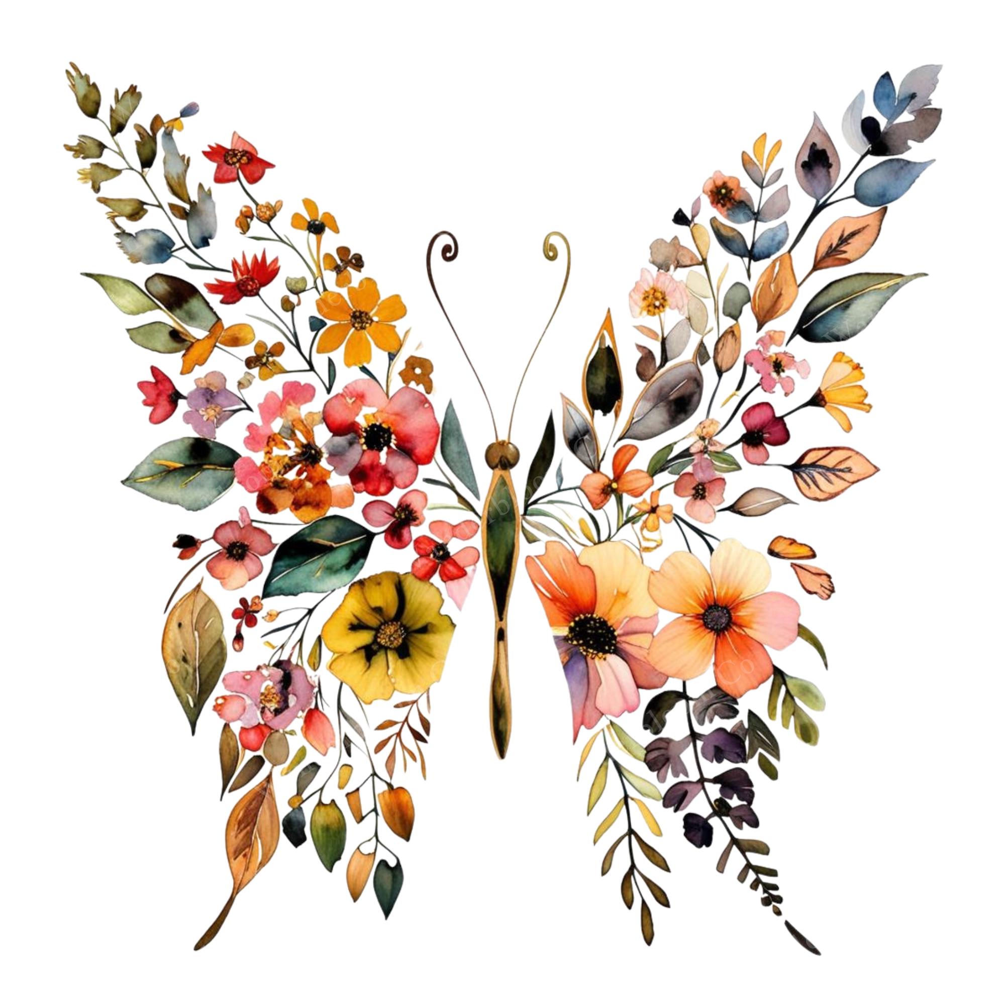 10 Boho Butterfly Clipart, Watercolor Floral PNG, Digital Download for ...