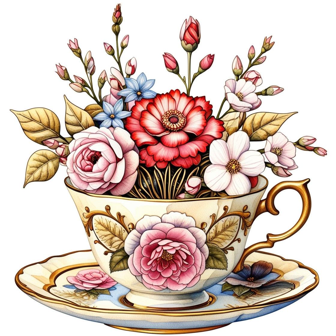 12 Watercolor Tea Cup Clipart, Printable Floral PNG, Digital Download ...